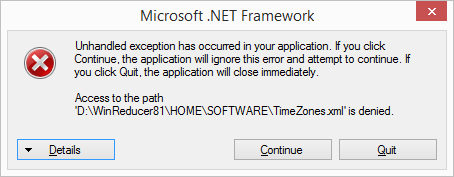 [ANSWERED] Unhandled exception - access to the path WinReducer81\HOME\SOFTWARE\TimeZones.xml is ...